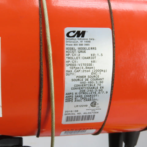CM Lodestar Model RRS 2Ton 4000LB Electric Chain Hoist 20'Lift 16FPM 2 ...