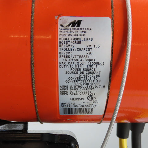CM Lodestar Model RRS 2Ton 4000LB Electric Chain Hoist 20'Lift 16FPM 2 ...