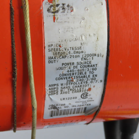 CM Lodestar Model RRS 2Ton 4000LB Electric Chain Hoist 20'Lift 16FPM 2 ...
